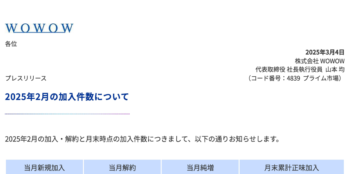 2025年2月の加入件数について | WOWOW（4839 - 適時開示情報【iPhone/Android】
